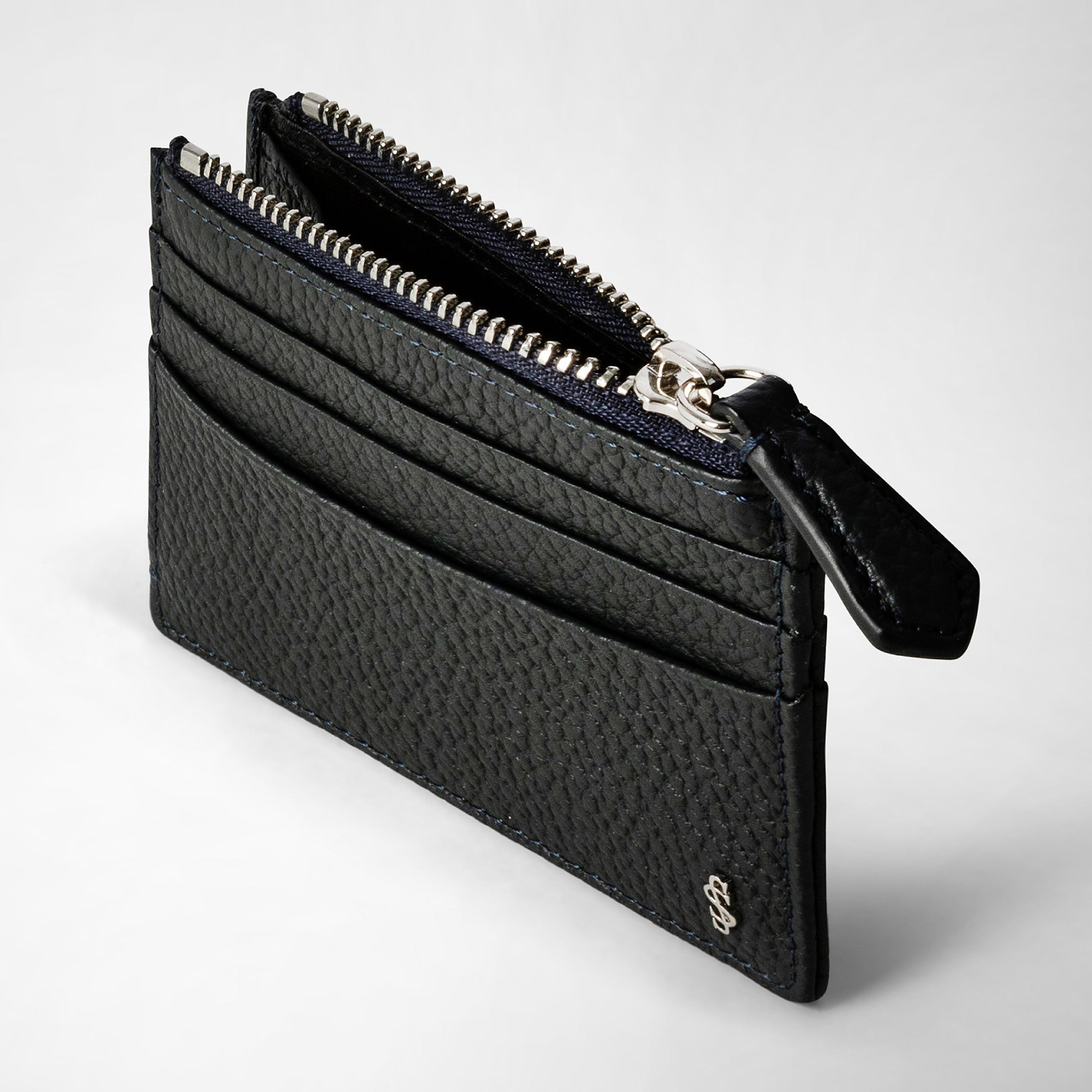 Zip card case in cachemire leather navy blue